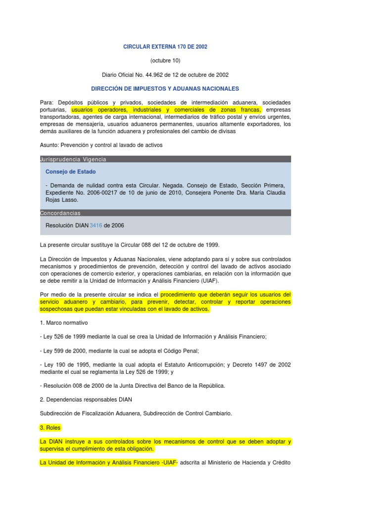 Circular 170 2002 DIAN | PDF | Exportaciones | aduana