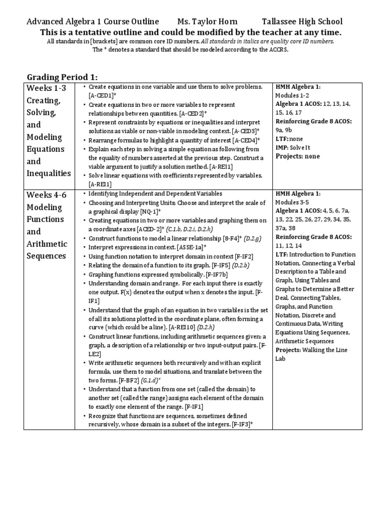 Advanced Algebra 1 Course Outline (15-16) | Quadratic Equation ...