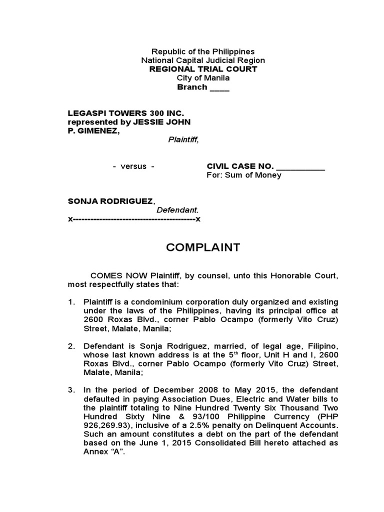 Complaint: Regional Trial Court Branch | PDF | Affidavit | Lawsuit