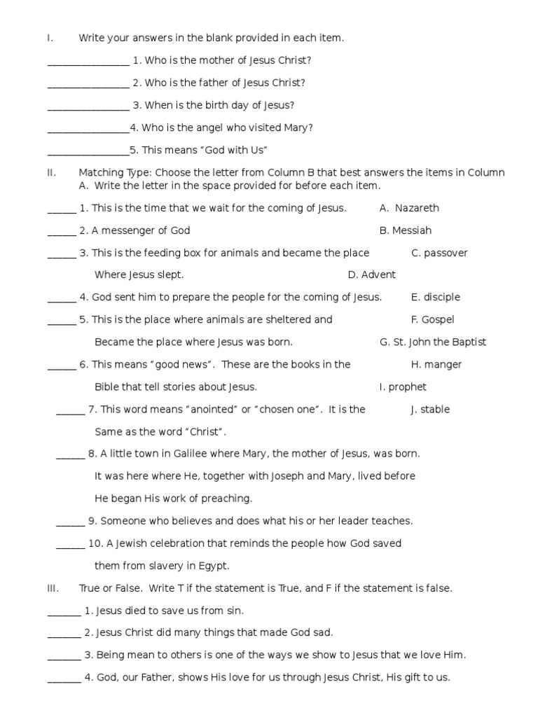 Grade 2 Religion Worksheet | PDF | Mary, Mother Of Jesus | Christian ...