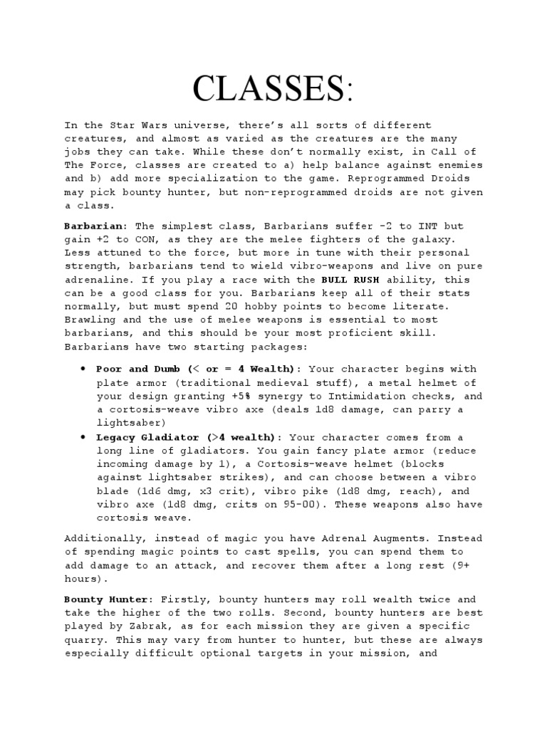 Star Wars Classes | PDF | The Force (Star Wars) | Jedi