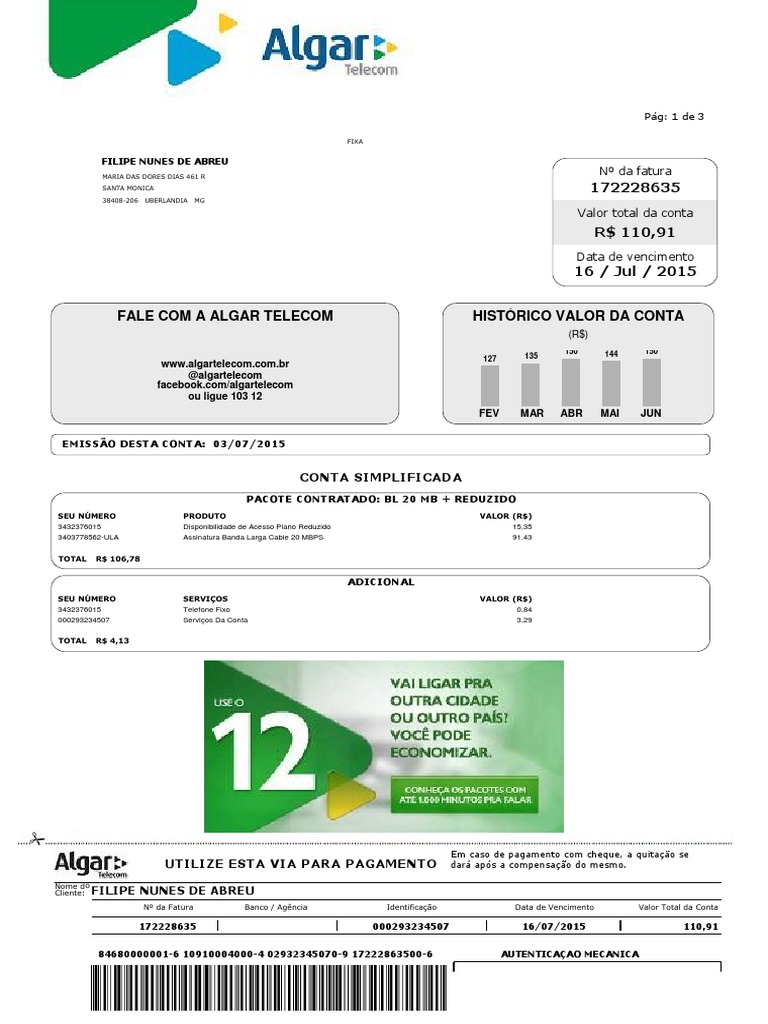 Fatura de serviços de telecomunicações | PDF | Internet | Telecomunicações