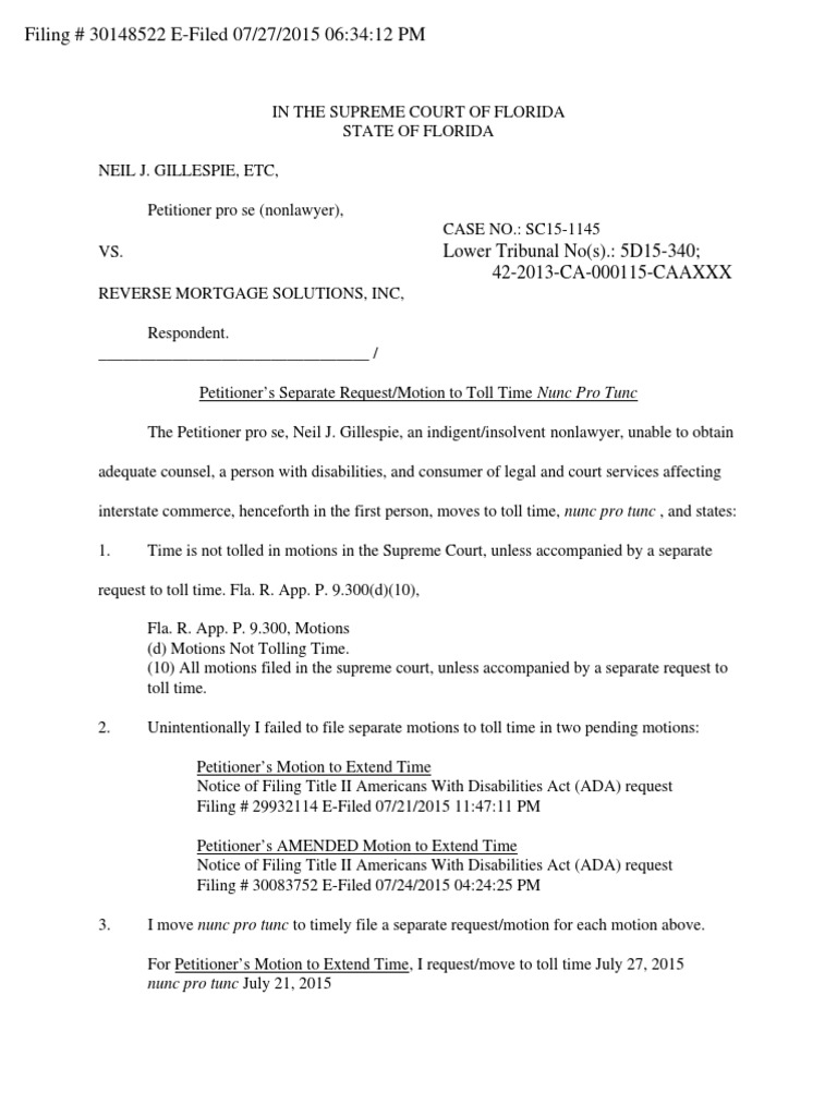 Petitioner’s Separate Motion to Toll Time Nunc Pro Tunc SC15-1145 ...