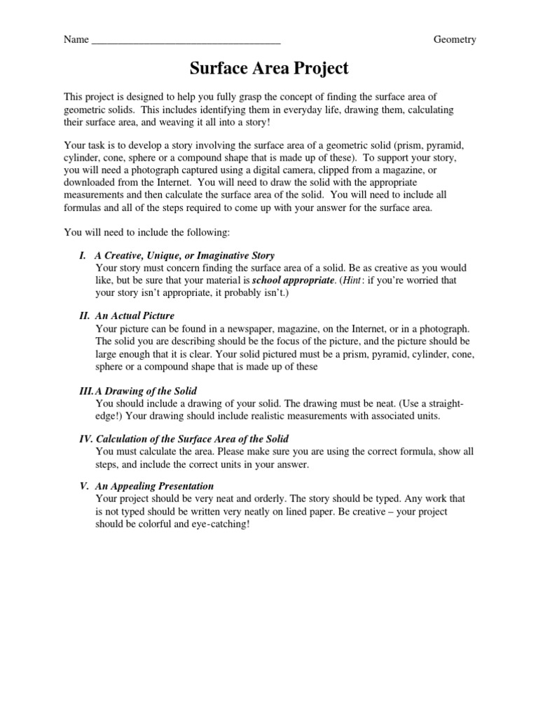 Surface Area Project Rubric | PDF | Surface Area | Geometry