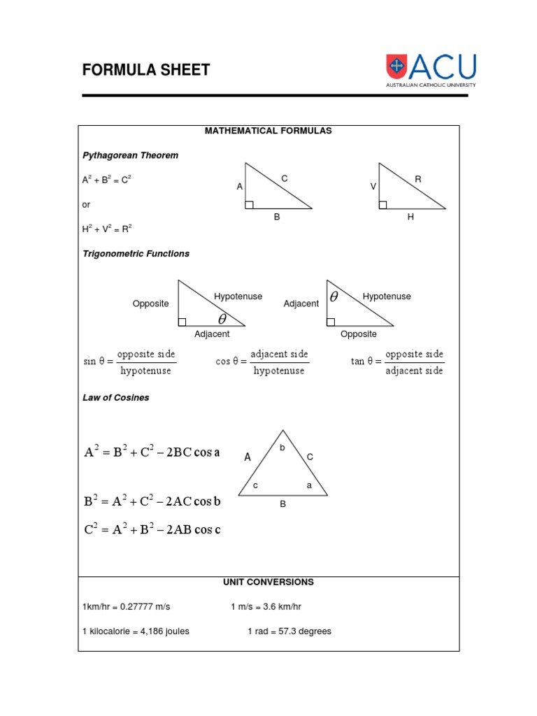 Formula Sheet: A Cos 2BC C B A C Cos 2AB B A C | PDF | Trigonometric ...