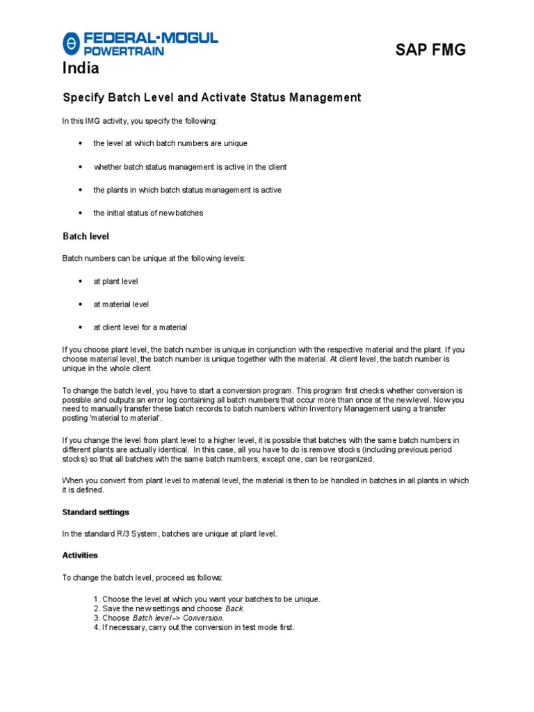 SAP Batch Level & Status Guide | PDF | Computer Programming | Computer ...