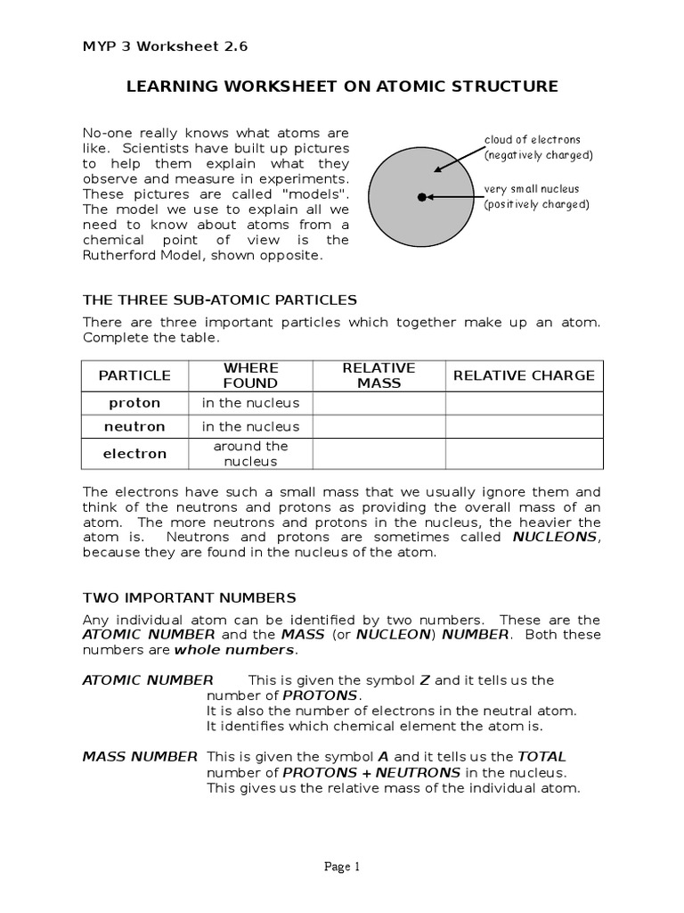 Learning Worksheet On Atomic Structure | PDF | Atoms | Proton