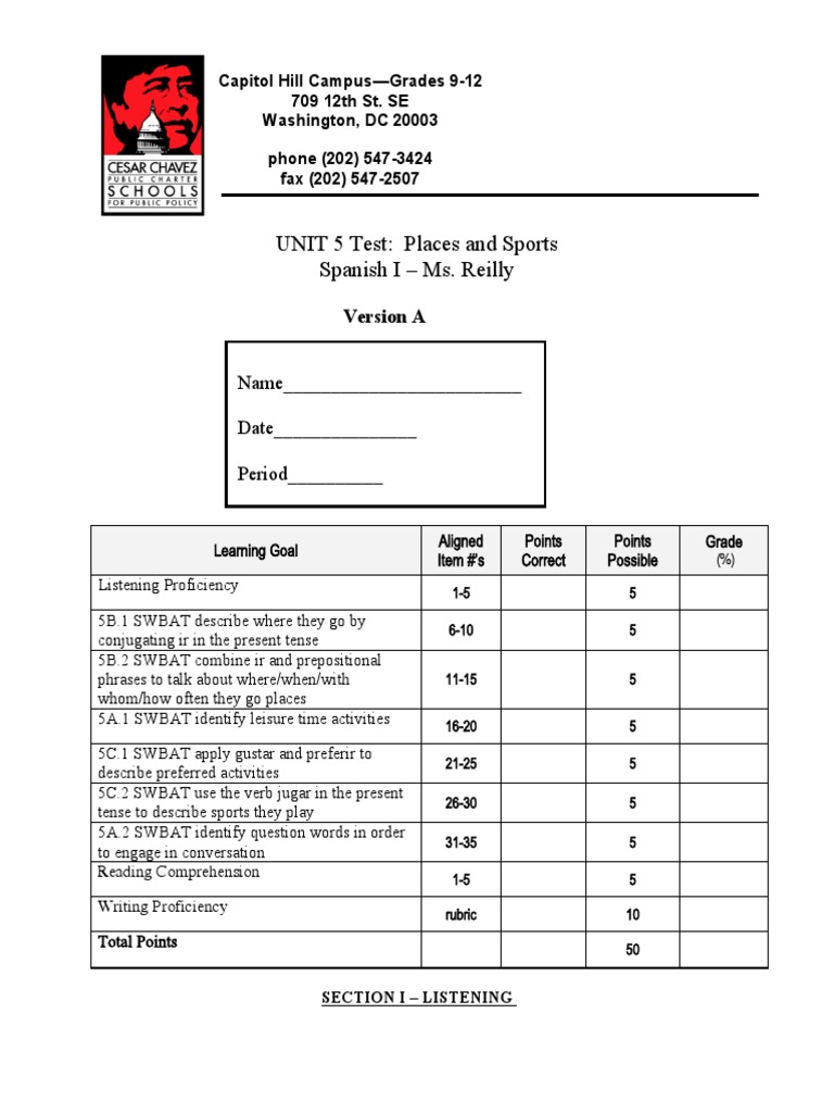 UNIT 5 Test: Places and Sports Spanish I - Ms. Reilly | PDF | Semantics ...