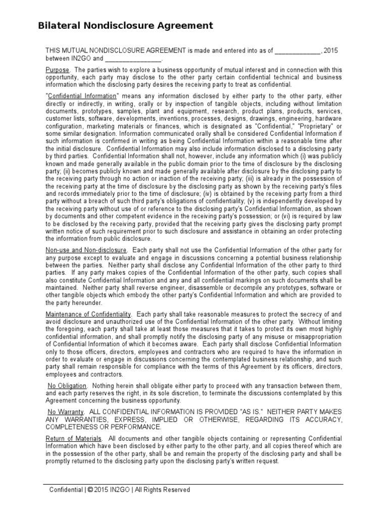 Bilateral NDA | PDF | Non Disclosure Agreement | Intellectual Property Law