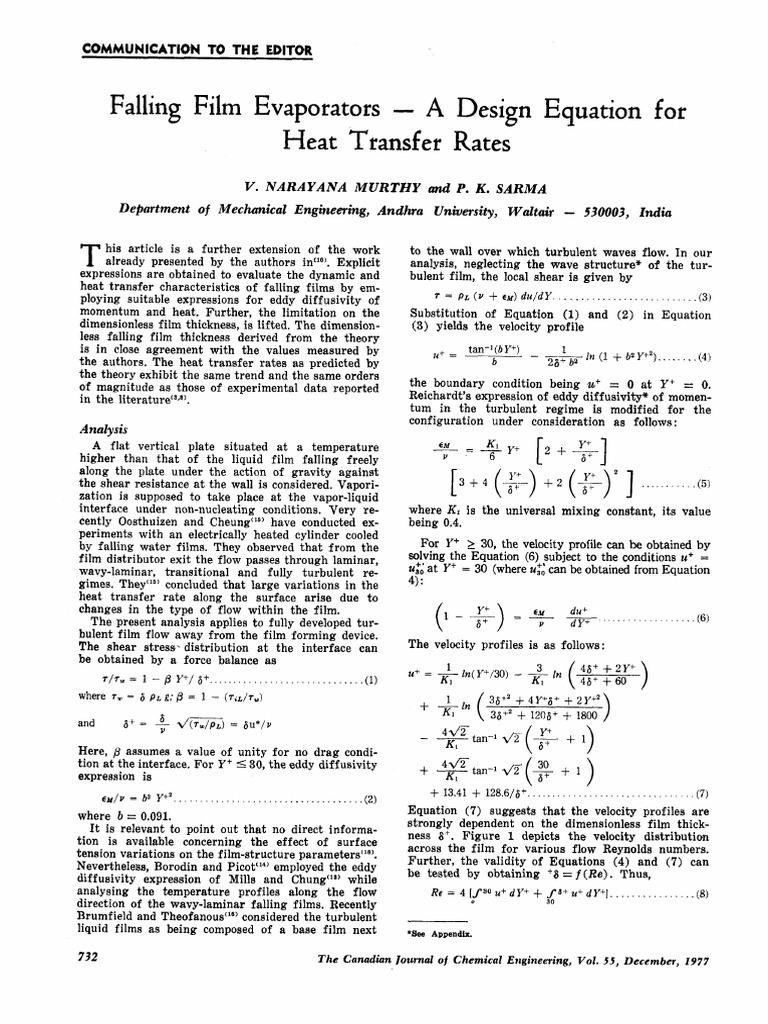 Falling Film Evaporators Design Equation For Heat Transfer Rates | PDF ...