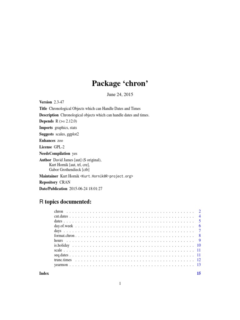 Package Chron': R Topics Documented | PDF | Parameter (Computer Programming) | Teaching Mathematics