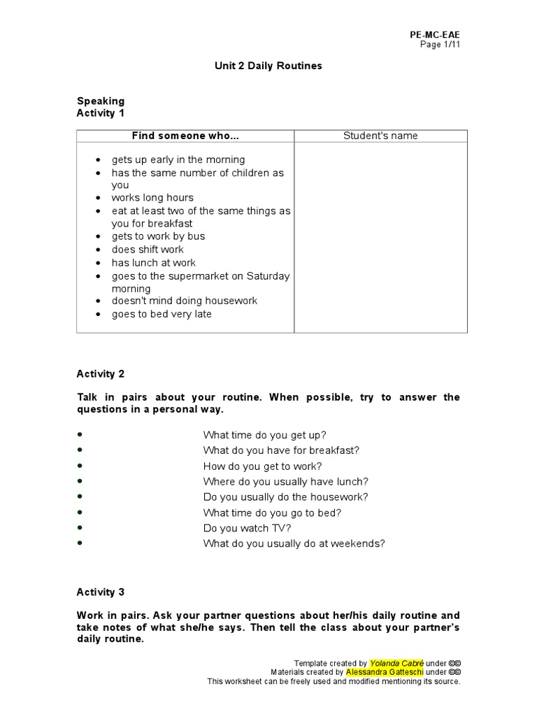 2 Italy Unit 2 Daily Routines | PDF | Lunch