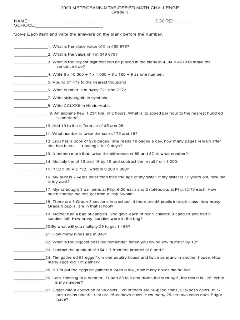 Metrobank MTAP Math Challenge Grade 3 | PDF | Prime Number | Numbers