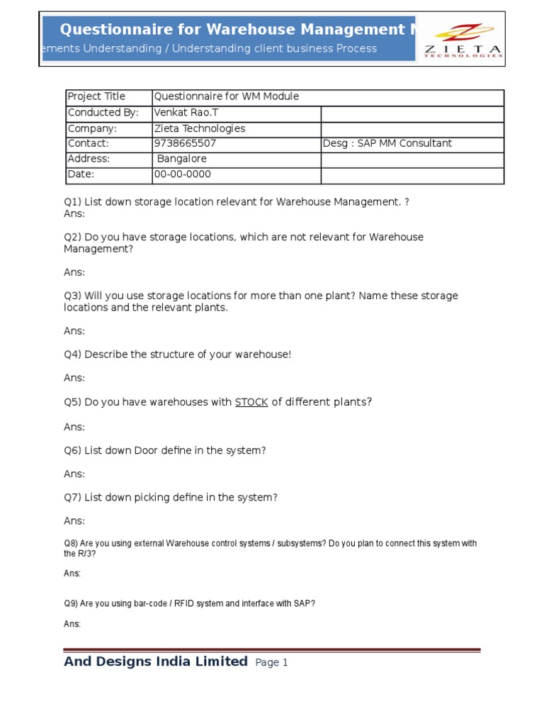 Questionnaire For Warehouse Management Module: For Requirements ...