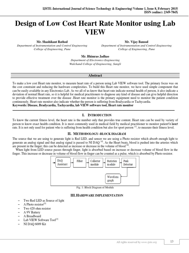 Design of Low Cost Heart Rate Monitor Using Lab View | PDF | Heart Rate ...