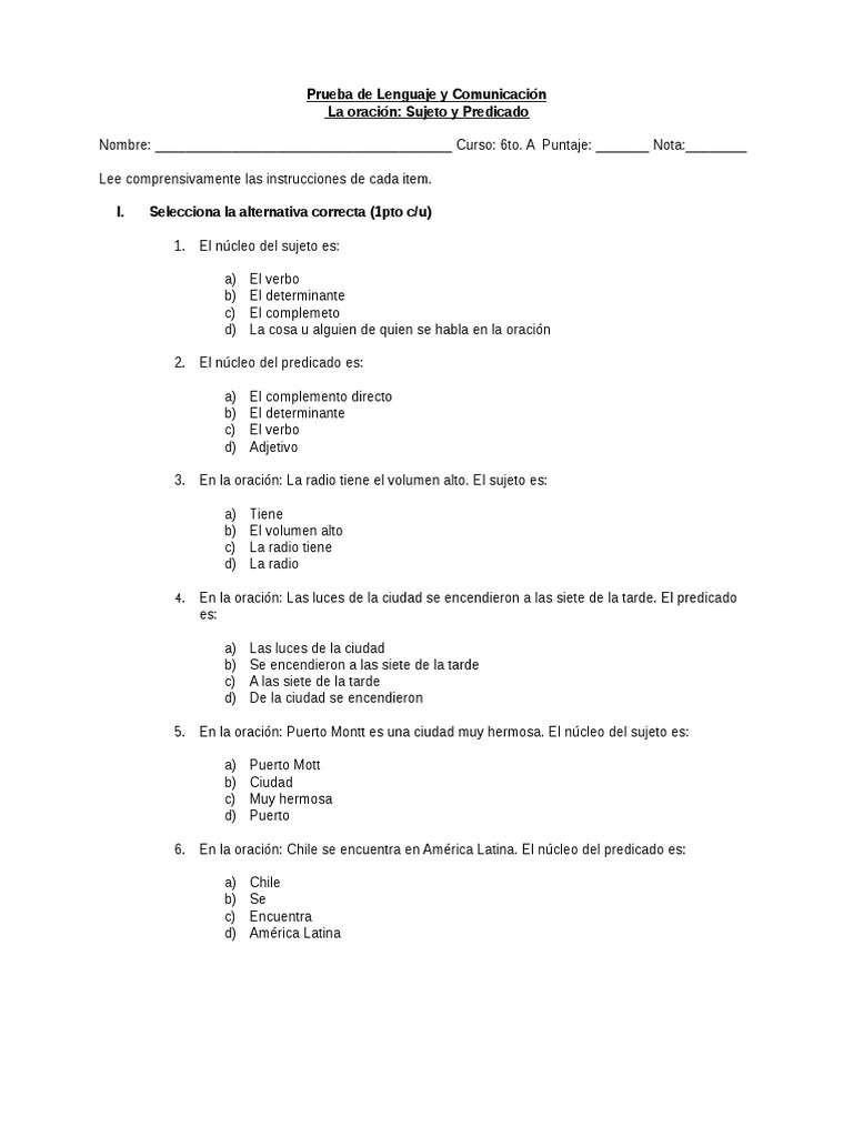 Prueba Sujeto y Predicado | PDF | Predicado (Gramática) | Asunto ...