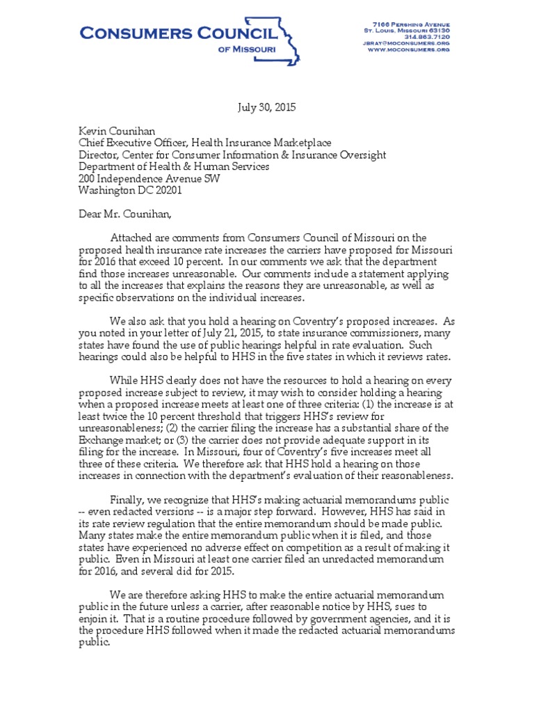 CCM Cover Letter To HHS | PDF | Insurance | Government