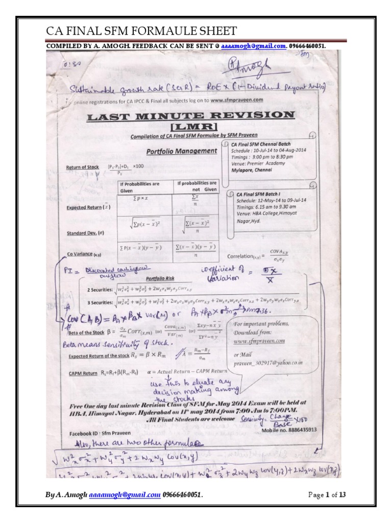 Ca Final SFM Formaule Sheet: Compiled by A. Amogh. Feedback Can Be Sent ...