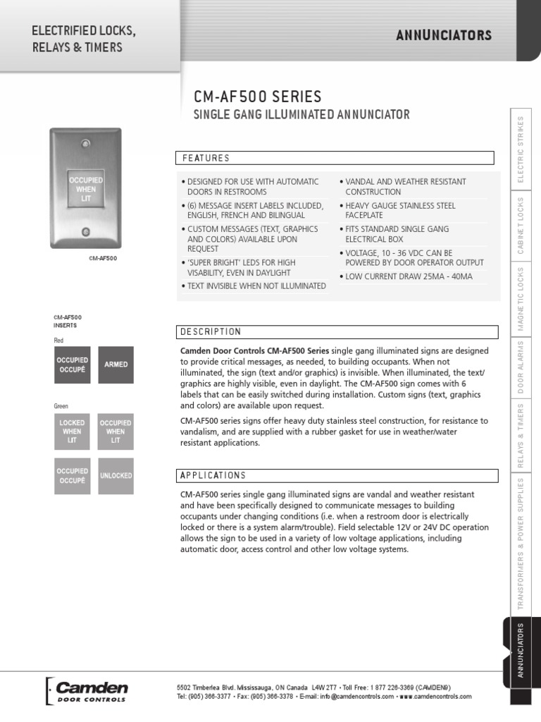Camden CM-AF500 Data Sheet | Manufactured Goods | Electrical Engineering