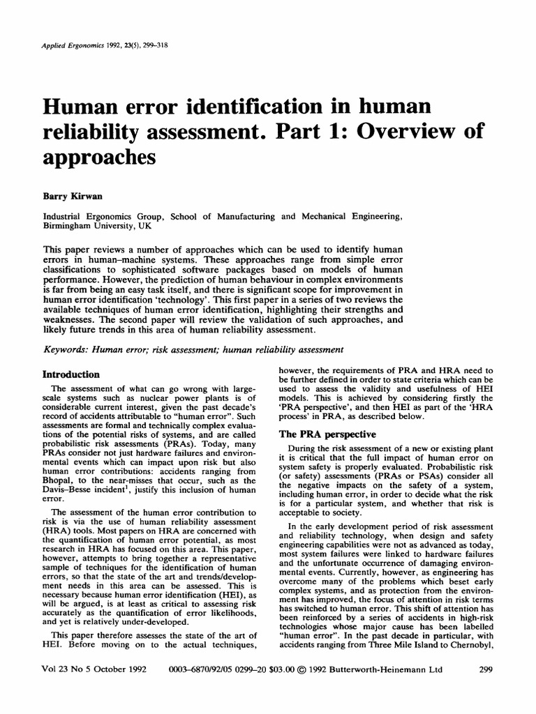Human Error Identification in Human Reliability Assessment - Part 1 ...