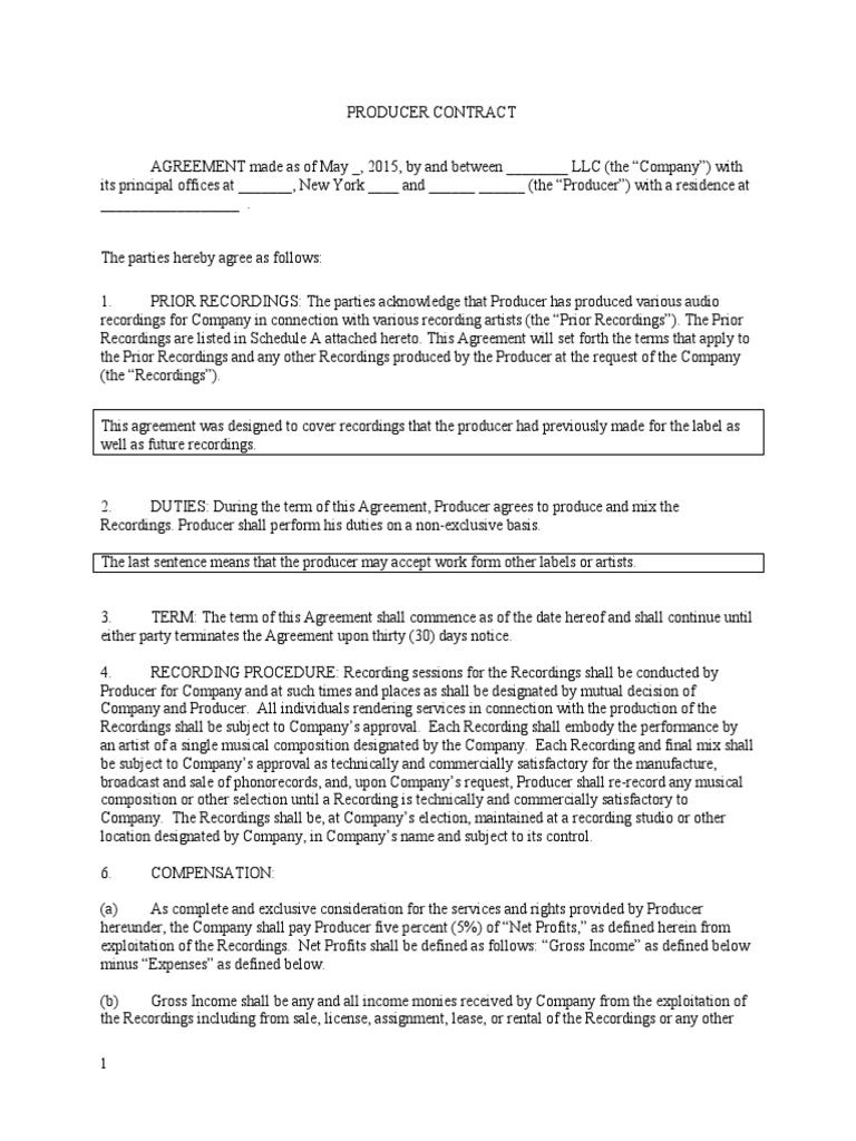 Sample Producer Contract (Royalty-Bearing, Collaborative Agreement ...