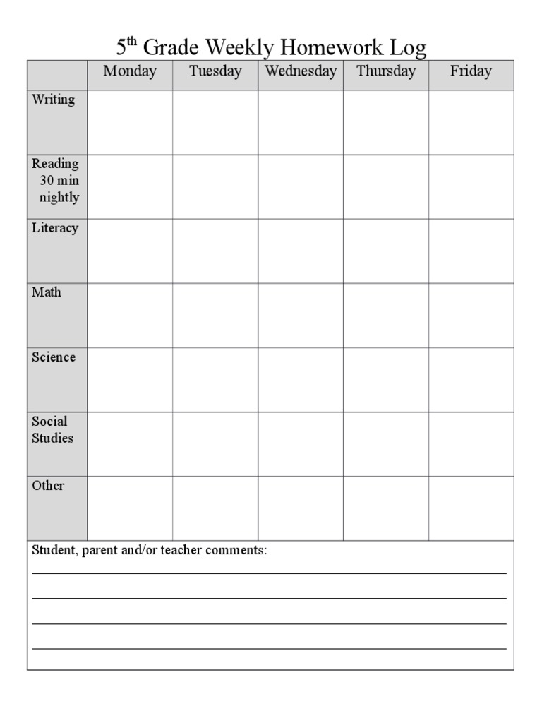 5th Grade Weekly Homework Log | PDF