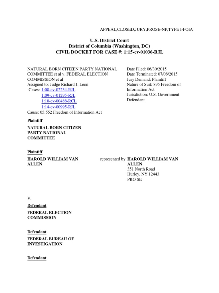 U.S. District Court District of Columbia (Washington, DC) CIVIL DOCKET ...