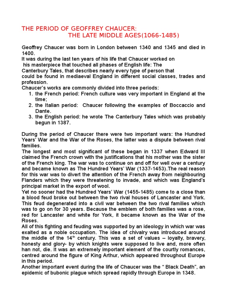 The Period of Geoffrey Chaucer: THE LATE MIDDLE AGES (1066-1485) | PDF