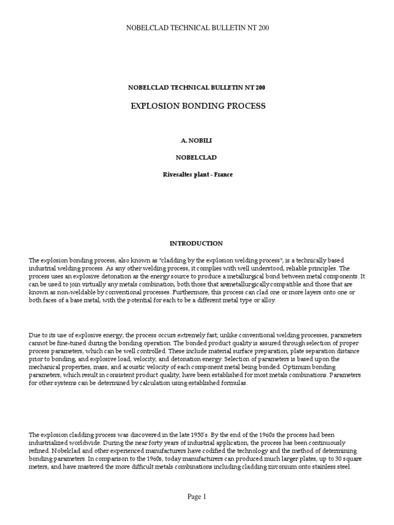 Explosion Bonding Process: Nobelclad Technical Bulletin NT 200 | PDF ...