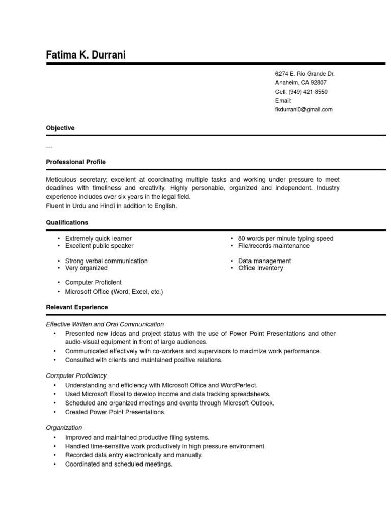 Fatima Durrani Resume | PDF | Paralegal | Microsoft Excel