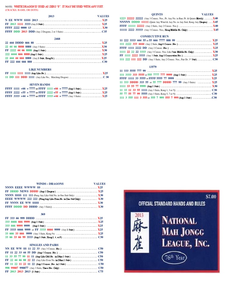 2013 NMJL Card | PDF | Mahjong | Tabletop Games