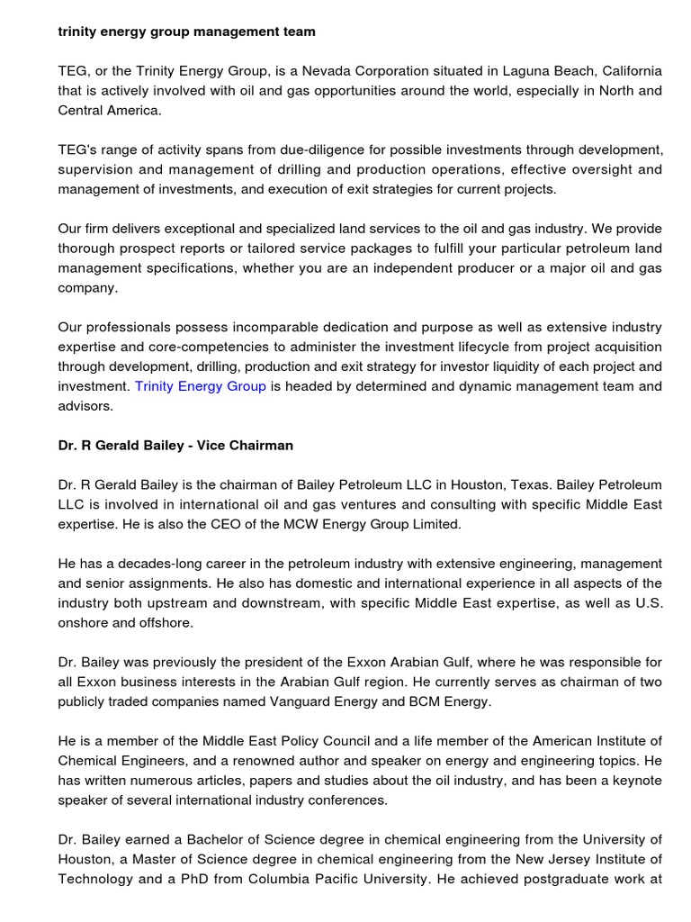 Trinity Energy Group Management Team | PDF | Petroleum | Entrepreneurship