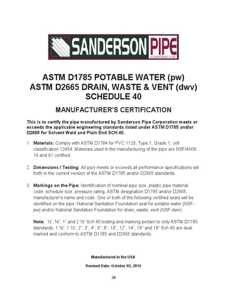 Astm D1785 Potable Water (PW) Astm D2665 Drain, Waste & Vent (DWV ...