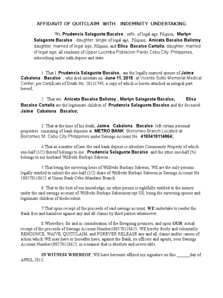 Affidavit of Quitclaim With Indemnity Undertaking,1 | Intestacy | Property