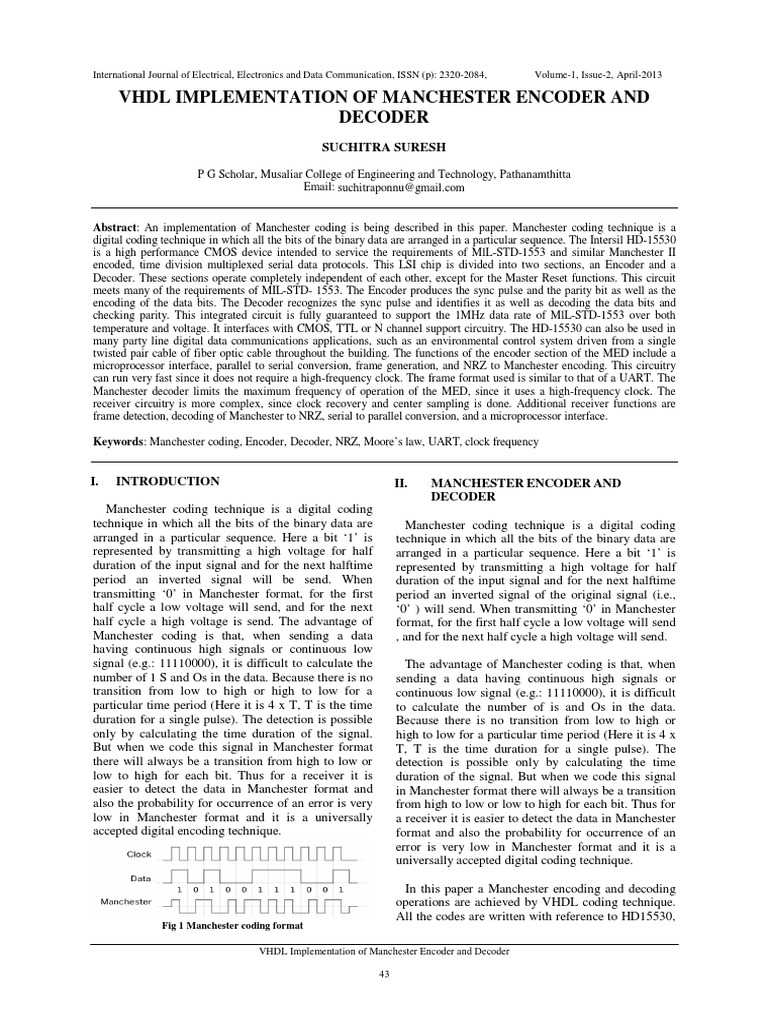 Vhdl Implementation Of Manchester Encoder And Decoder Circuitry For