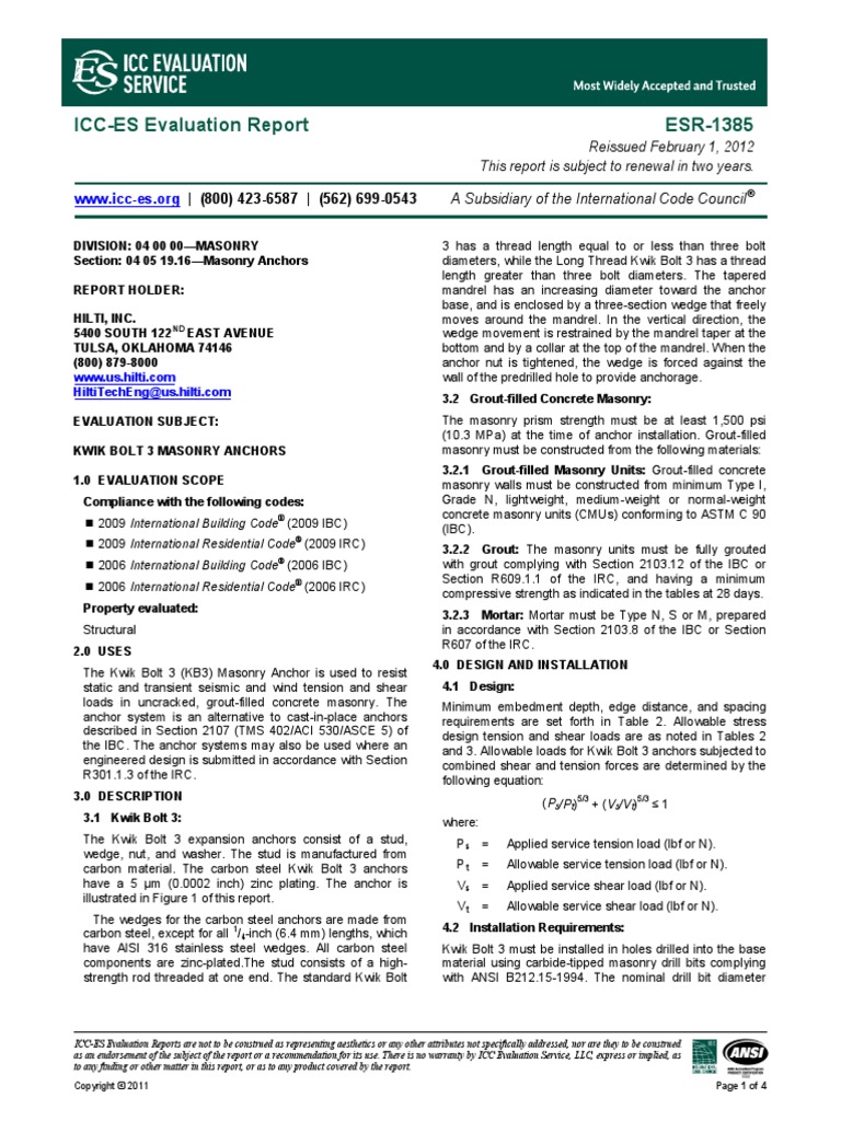 Icc Esr-1385 Kb3 Masonry | PDF | Screw | Masonry