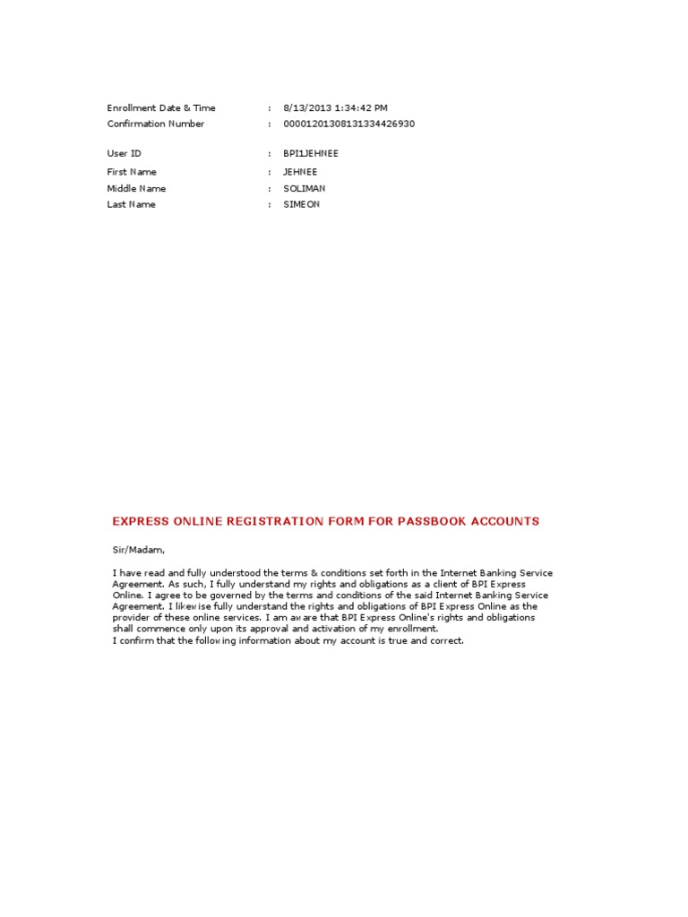 Bpi Express Online Registration Form For Passbook Accounts | PDF ...