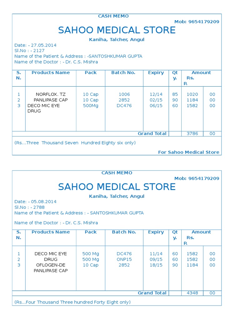 Medical Store Cash Memo Format | PDF | Business | Science & Mathematics