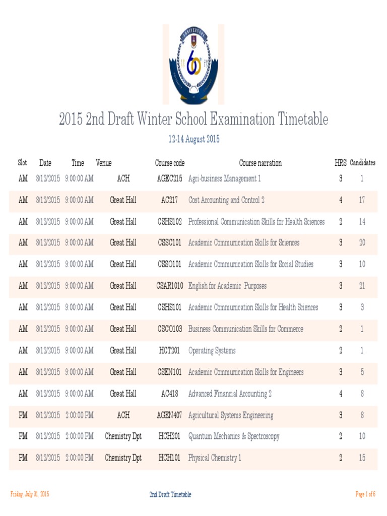 2015 2nd Draft Winter School Examination Timetable | PDF