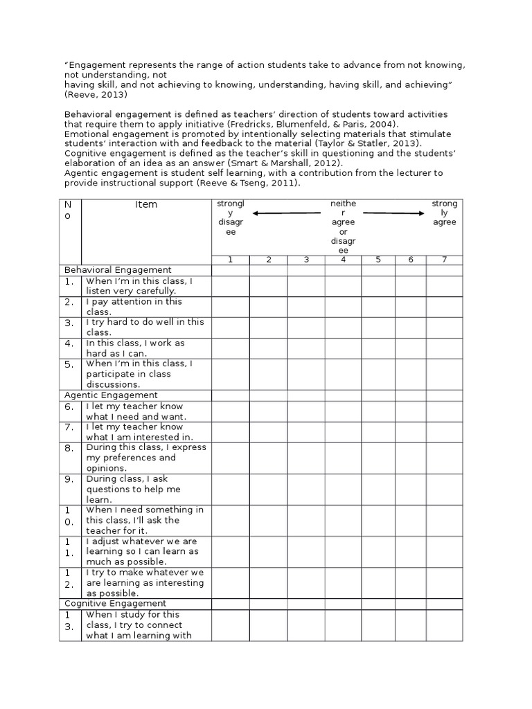 Questionnaire Engagement Reeve 2013 | PDF | Understanding | Learning