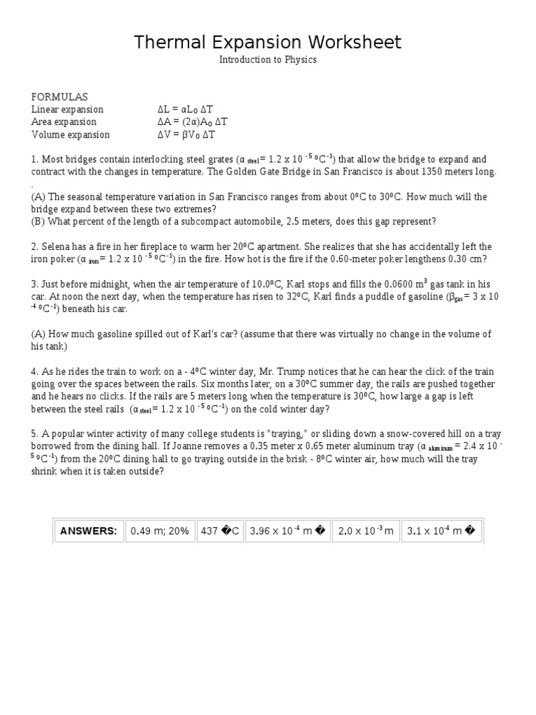 Thermal Expansion Worksheet | PDF