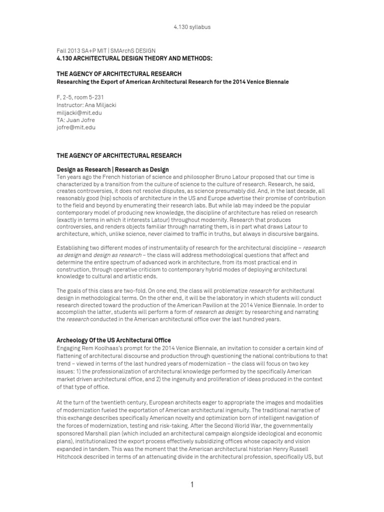 4.130 ARCHITECTURAL DESIGN THEORY AND METHODS: THE AGENCY OF ...