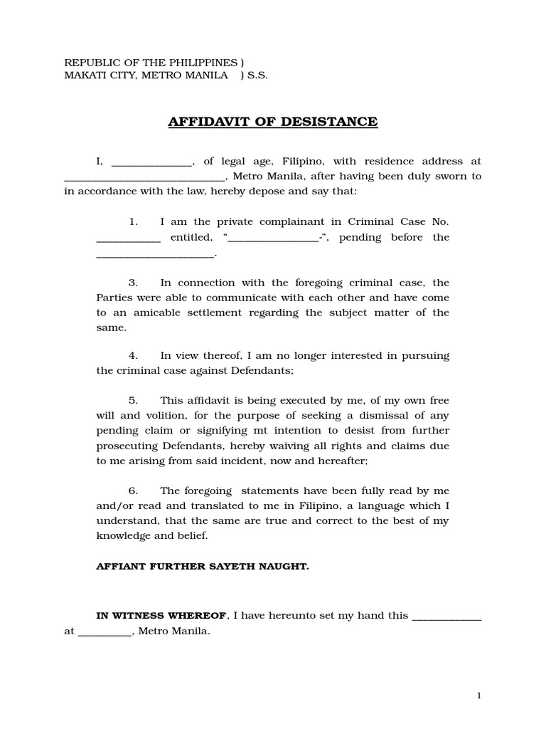 Affidavit of Desistance Sample Form | PDF | Law