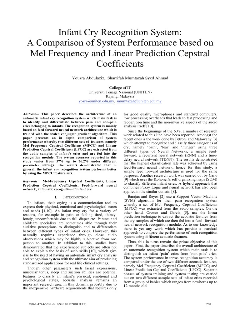 Infant Cry Recognition System A Comparison of System Performance PDF | PDF