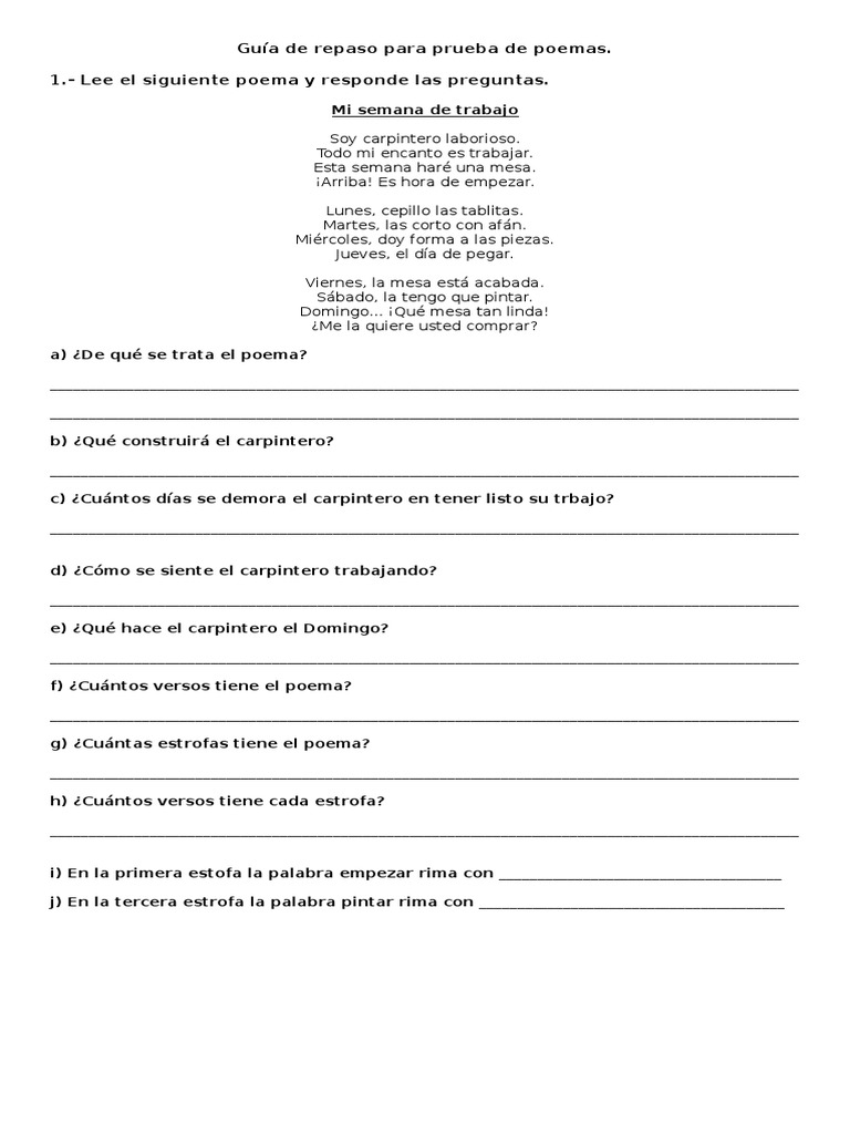Guía de Repaso para Prueba de Poemas | PDF | Artes del Lenguaje y ...
