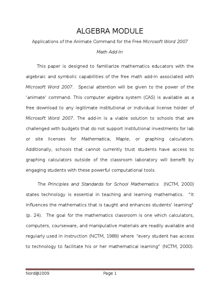 Algebra Module: Math Add-In | PDF | National Council Of Teachers Of ...