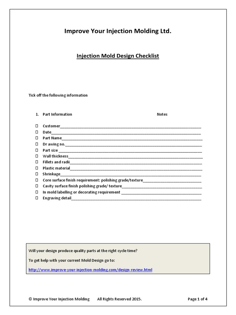 Injection Mold Design Checklist | Download Free PDF | Industries | Building Engineering