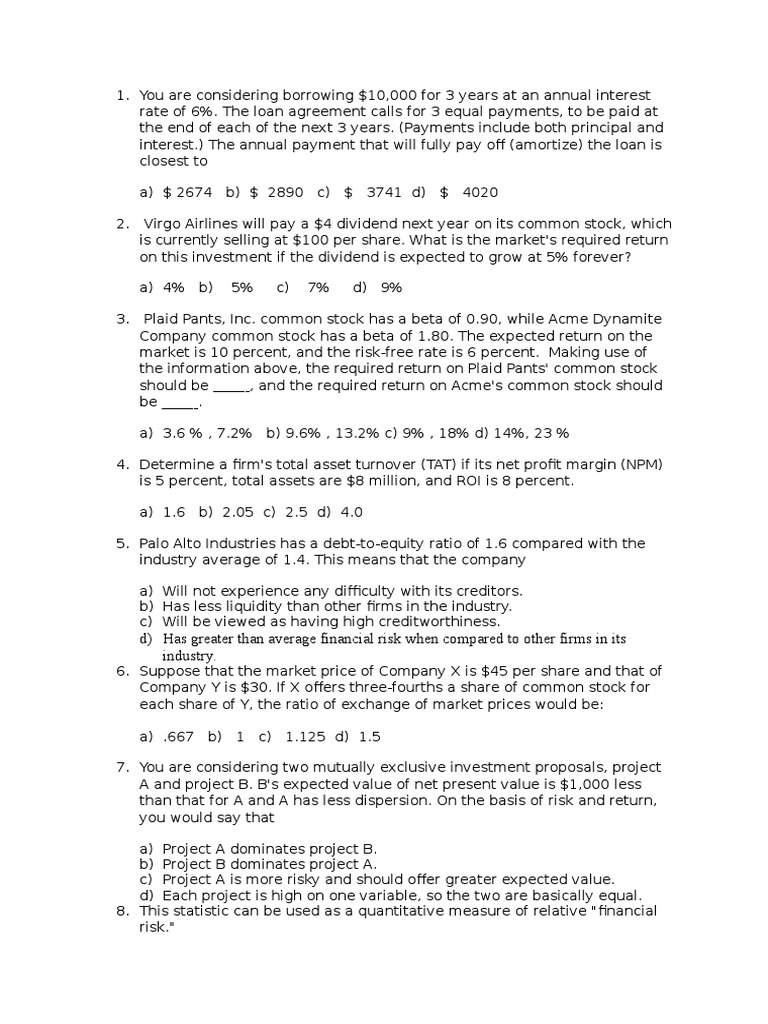 Finance Quiz for Investment Students | PDF | Financial Risk | Investing