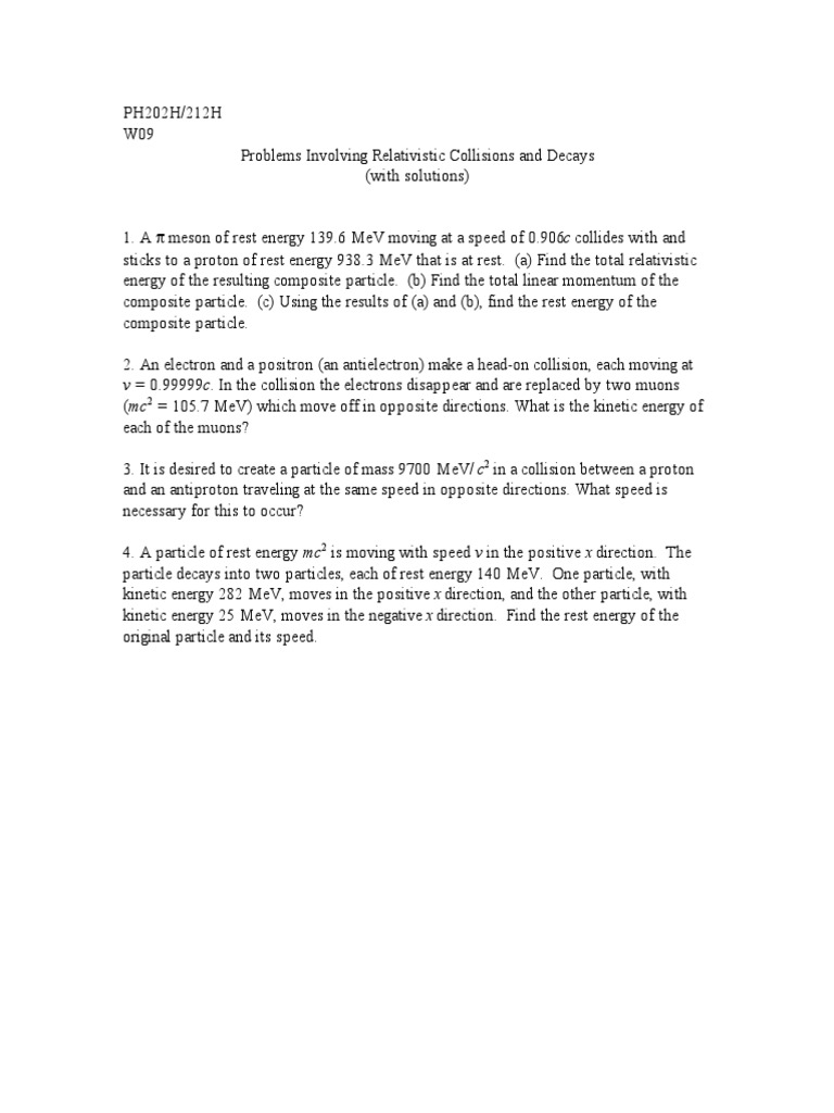 Relativistic Particle Collisions and Decays: Problems and Solutions | PDF | Electronvolt | Collision