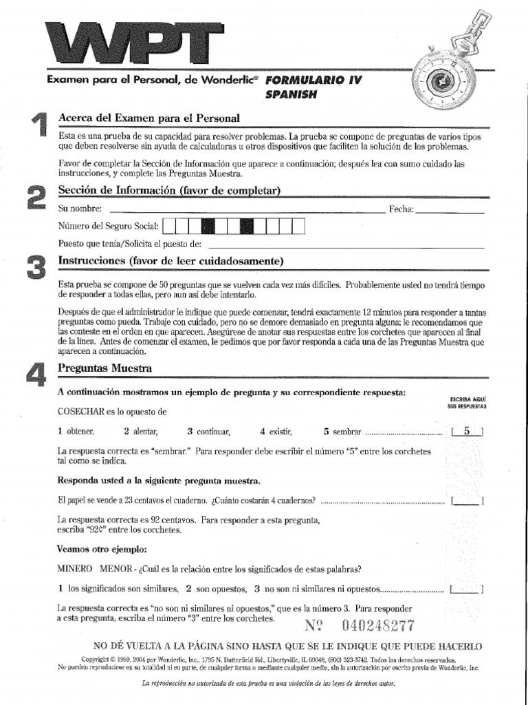 Wonderlic Personnel Test - Form IV - SPANISH (2)